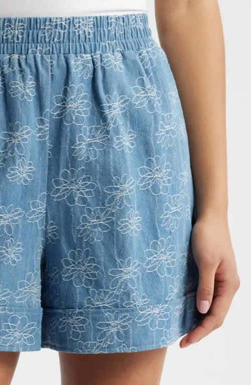 ICHI Floral Embroidered Denim Shorts
