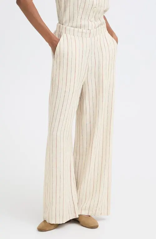 ICHI Wide Leg Striped Linen Blend Trousers