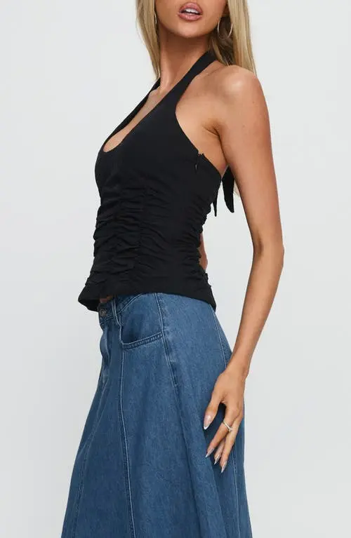 Princess Polly Nataliya Recycled Cotton Ruched Halter Top - Black