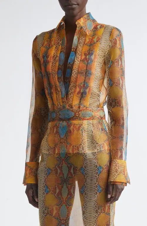 LAQUAN SMITH Shimmer Skin Print Pleated Double Cuff Button-up Shirt