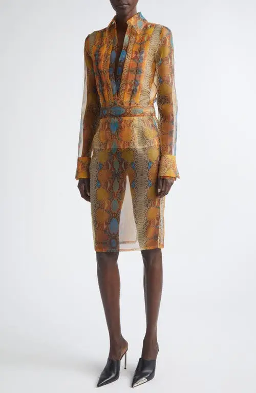 LAQUAN SMITH Shimmer Skin Print Pleated Double Cuff Button-up Shirt