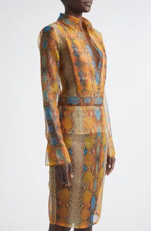 LAQUAN SMITH Shimmer Skin Print Pleated Double Cuff Button-up Shirt