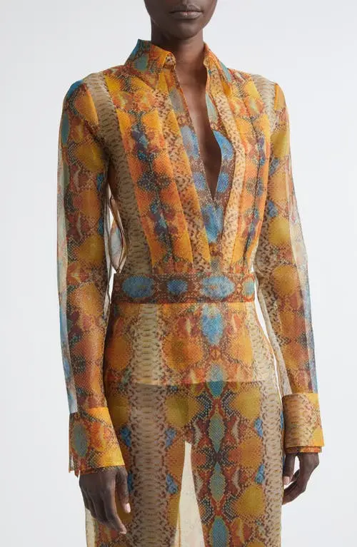 LAQUAN SMITH Shimmer Skin Print Pleated Double Cuff Button-up Shirt
