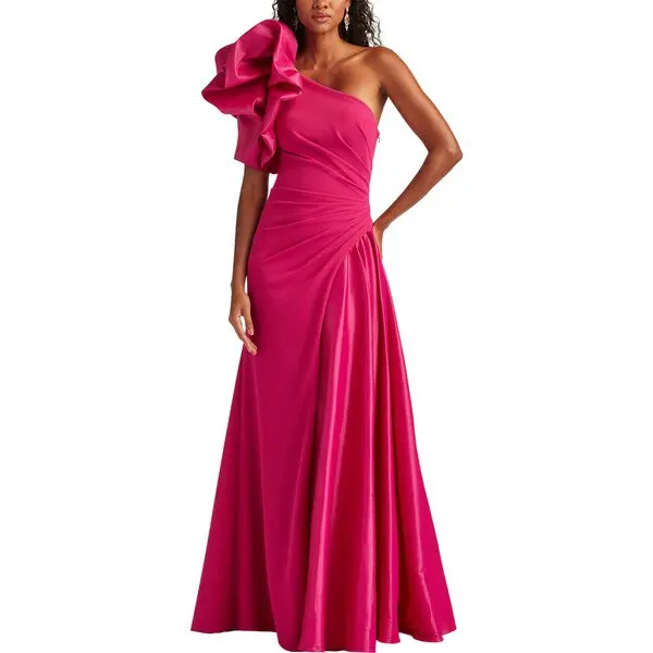 Tadashi Shoji Puff Ruched One-shoulder Gown