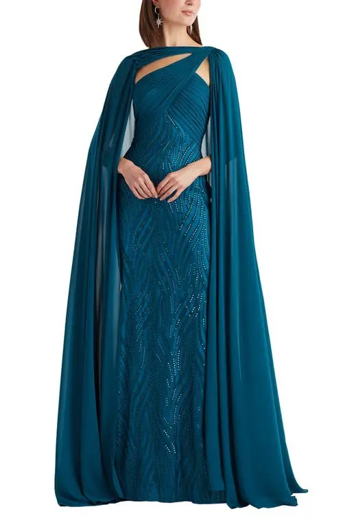 Tadashi Shoji Sequin Pleat Cape Gown