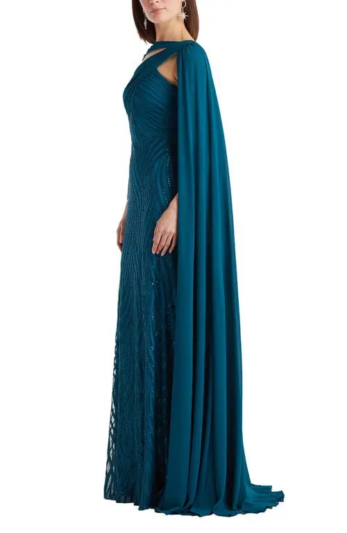 Tadashi Shoji Sequin Pleat Cape Gown