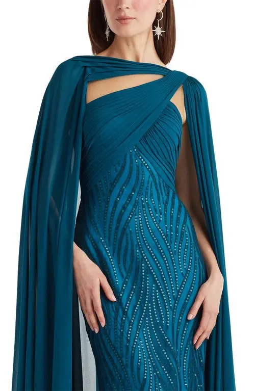 Tadashi Shoji Sequin Pleat Cape Gown