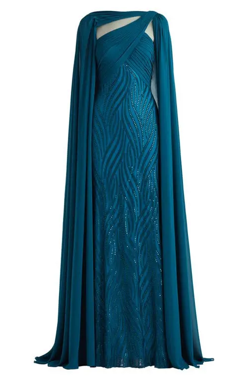 Tadashi Shoji Sequin Pleat Cape Gown