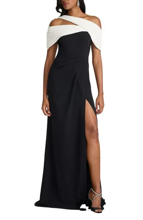Tadashi Shoji Off-the-shoulder Colorblock Crepe Gown With Slit