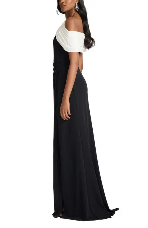 Tadashi Shoji Off-the-shoulder Colorblock Crepe Gown With Slit