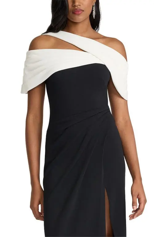 Tadashi Shoji Off-the-shoulder Colorblock Crepe Gown With Slit