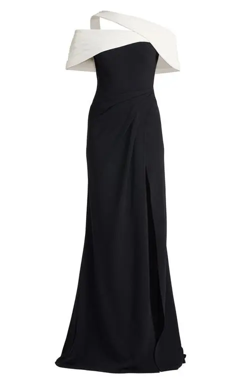 Tadashi Shoji Off-the-shoulder Colorblock Crepe Gown With Slit