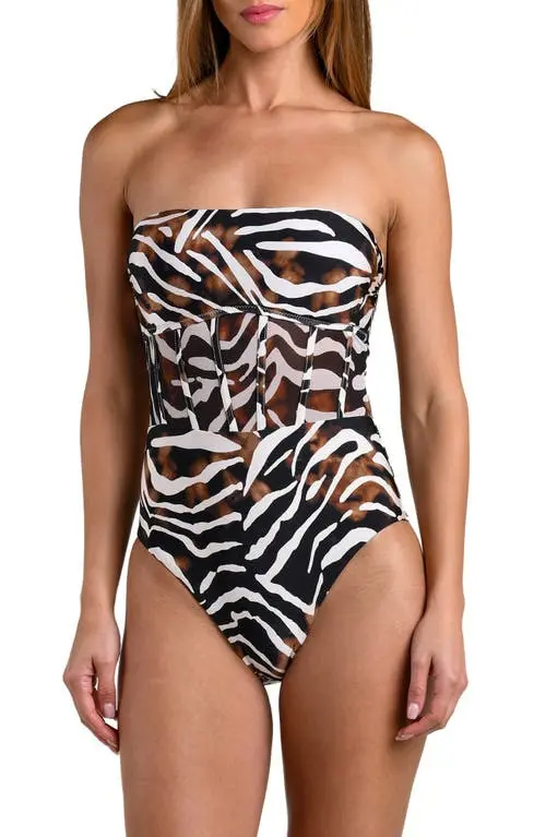 SUNSHINE 79 One-piece Bandeau Swimsuit With Lace-up Back - Brown Multi