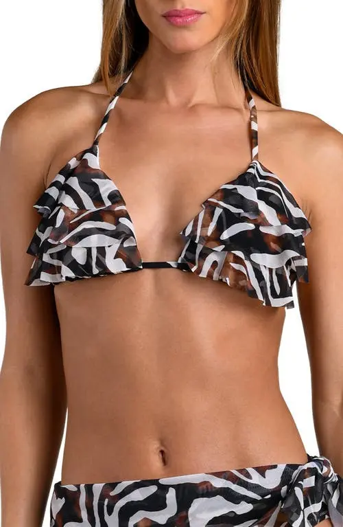 SUNSHINE 79 Ruffled Triangle Bikini Top - Brown Multi