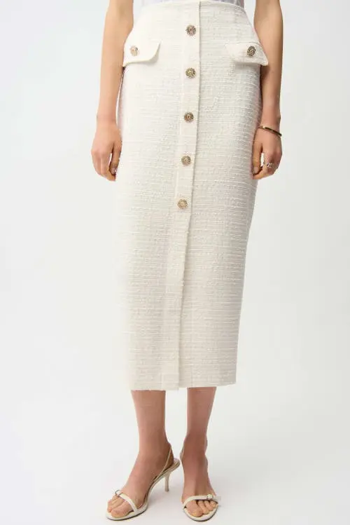 Joseph Ribkoff Bouclé Pencil Skirt With Gold Button Detail - Off-white