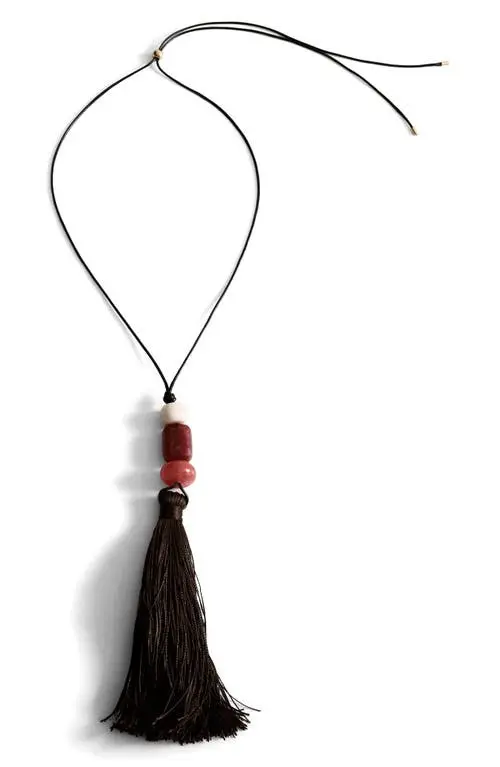 Mango Stone Bead Tasseled Pendant Necklace - Brown