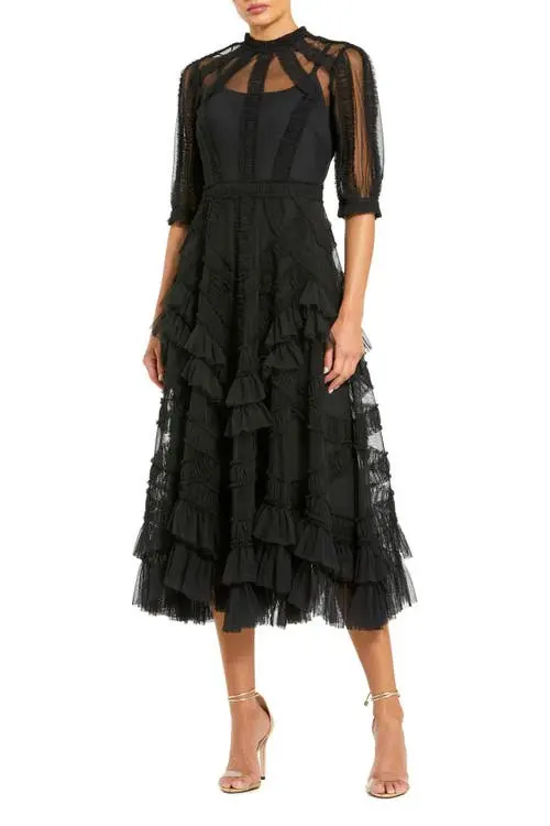 Mac Duggal Petite High Neck Puff Sleeve Ruffle Tiered Dress - Black