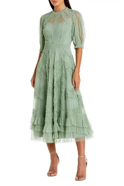 Mac Duggal Petite High Neck Puff Sleeve Ruffle Tiered Dress - Jade