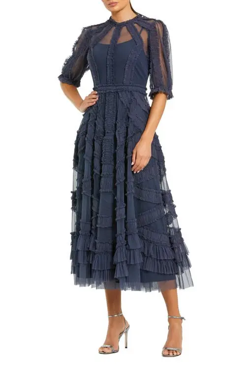 Mac Duggal Petite High Neck Puff Sleeve Ruffle Tiered Dress - Midnight