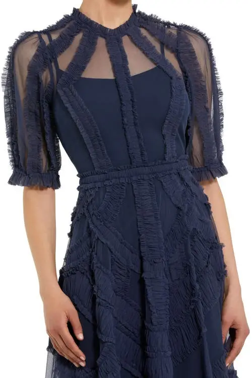 Mac Duggal Petite High Neck Puff Sleeve Ruffle Tiered Dress - Midnight
