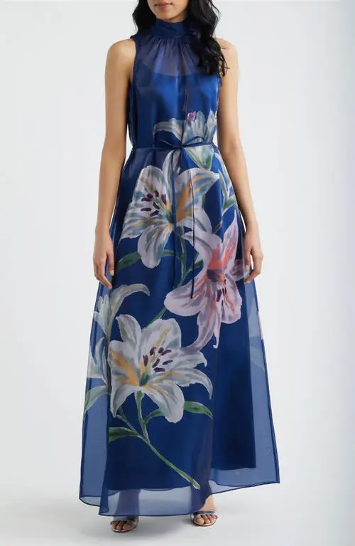 Julia Jordan Printed Organza Tie Neck Maxi Dress
