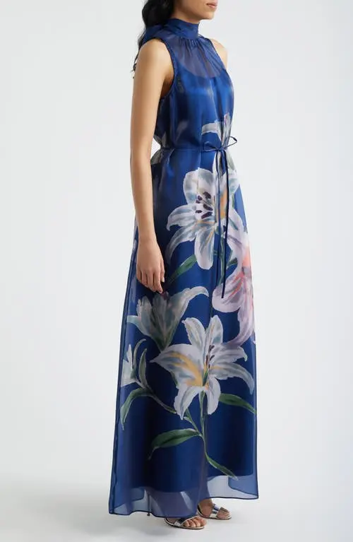 Julia Jordan Printed Organza Tie Neck Maxi Dress