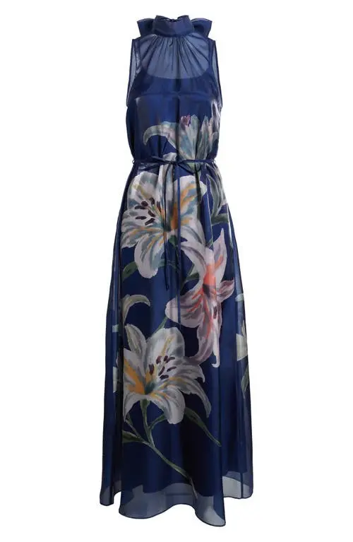 Julia Jordan Printed Organza Tie Neck Maxi Dress