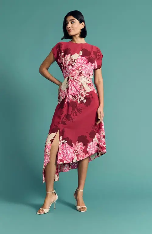 Maggy London Floral Print Asymmetrical Midi Dress