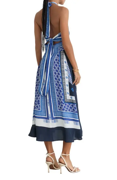REISS Joselyn Scarf Print Halter Neck Midi Dress