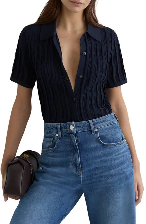 REISS Audrey Textured Knit Button-up Shirt - Navy