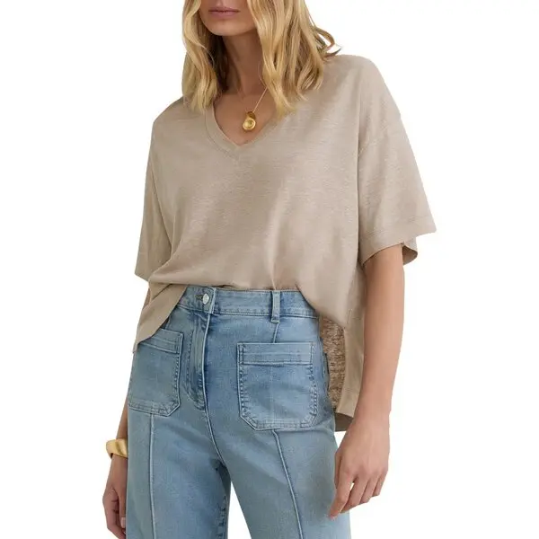 REISS Linen V-neck Tee - Stone Neutral