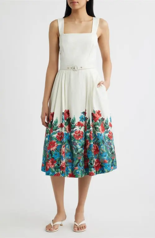 TAHARI ASL Belted Sleeveless Square Neck Midi Dress