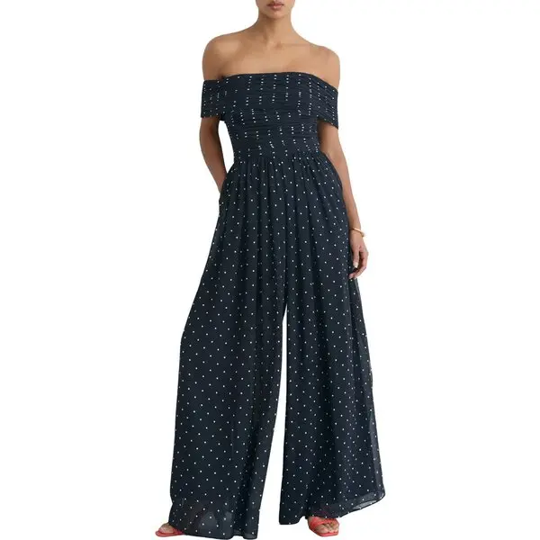 REISS Margo Polka-dot Bardot Wide-leg Jumpsuit - Navy/ivory