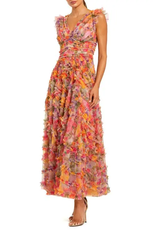 Mac Duggal Petite Floral V-neck Tiered Ruffle Maxi Dress - Multi