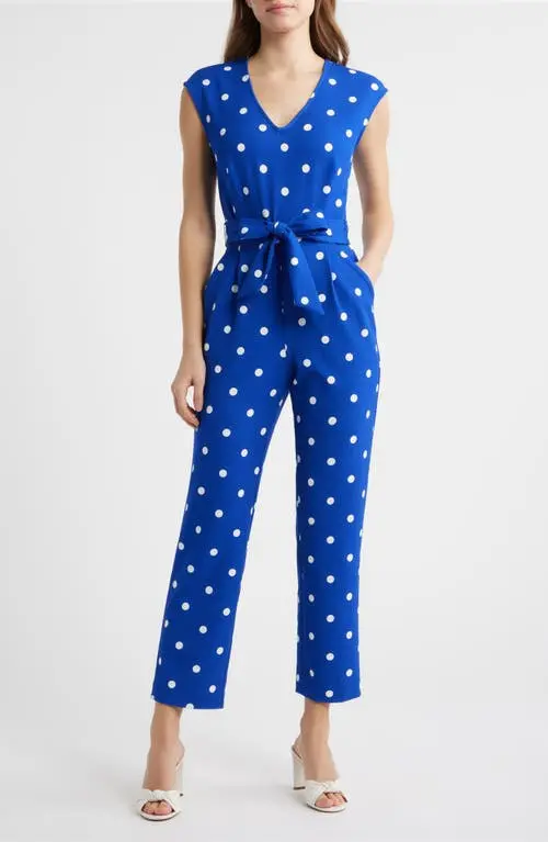 Anne Klein Polka Dot V-neck Cap Sleeve Jumpsuit - Santorini Blue/crisp White