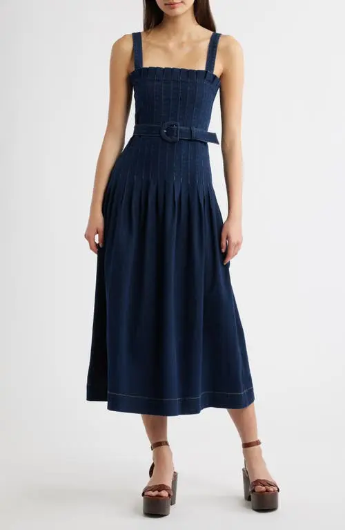 Moon River Pleated Belted Denim Midi Dress