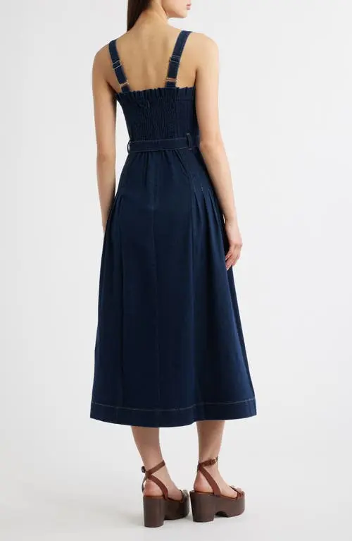 Moon River Pleated Belted Denim Midi Dress
