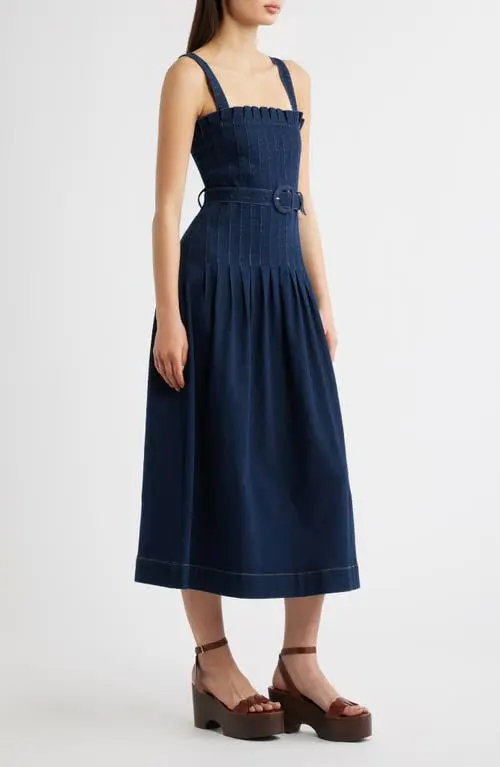 Moon River Pleated Belted Denim Midi Dress