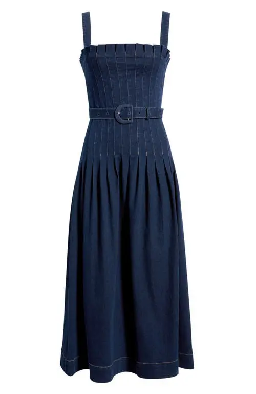 Moon River Pleated Belted Denim Midi Dress