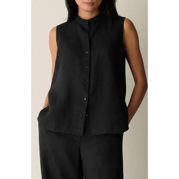 Eileen Fisher Sleeveless Mandarin Collar Linen Shirt - Black