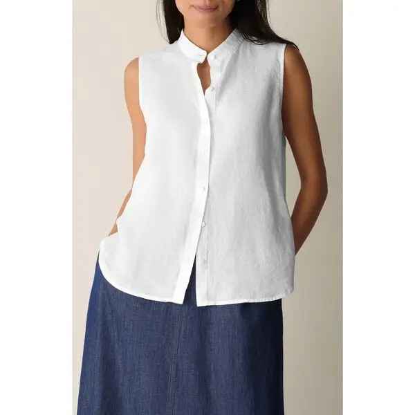 Eileen Fisher Sleeveless Mandarin Collar Linen Shirt - White