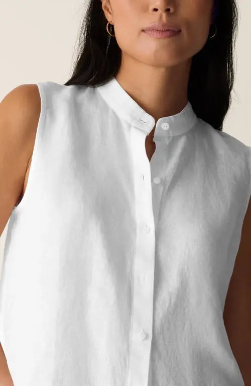 Eileen Fisher Sleeveless Mandarin Collar Linen Shirt - White