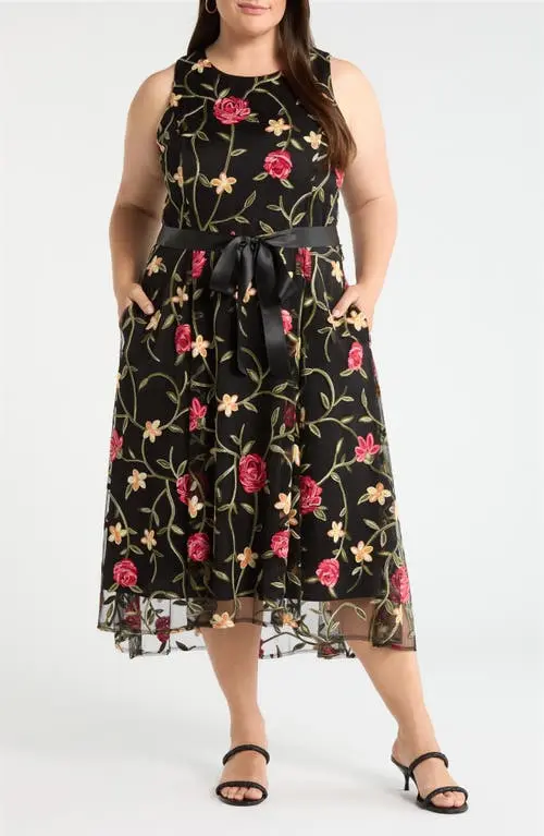 TAHARI ASL Sleeveless Embroidered Midi Dress