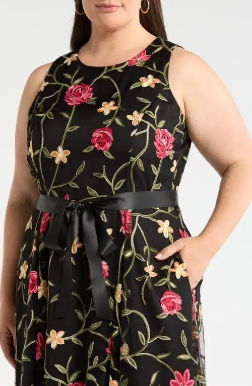 TAHARI ASL Sleeveless Embroidered Midi Dress