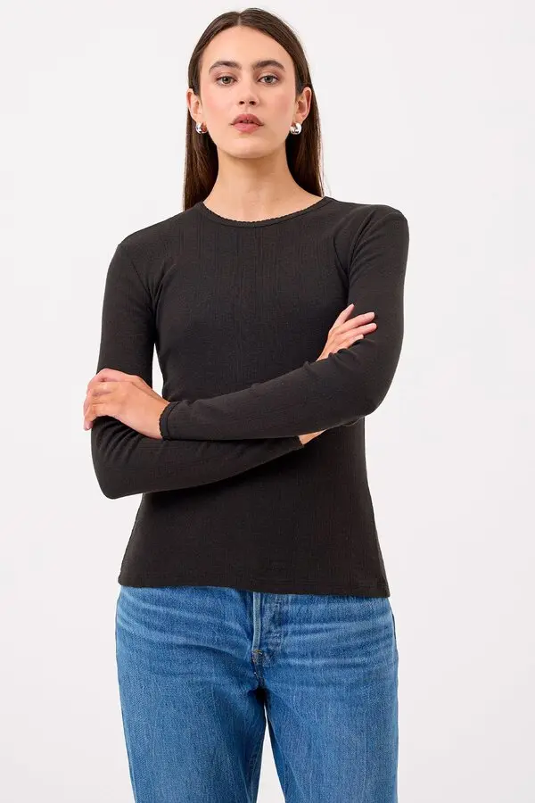 Goldie LeWinter Blaire Pointelle Top With Scalloped Trim - Black