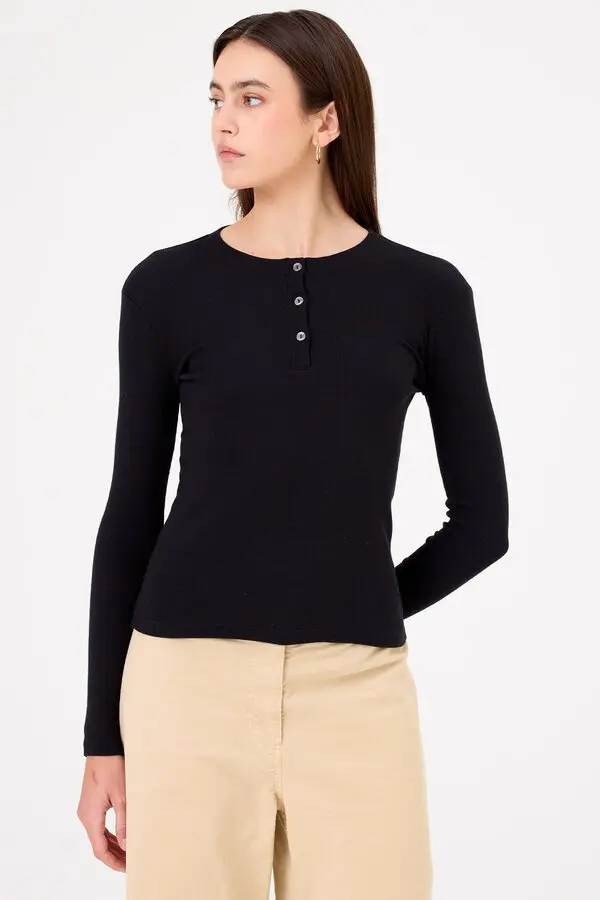 Goldie LeWinter Ribbed Henley With Button Placket - Black
