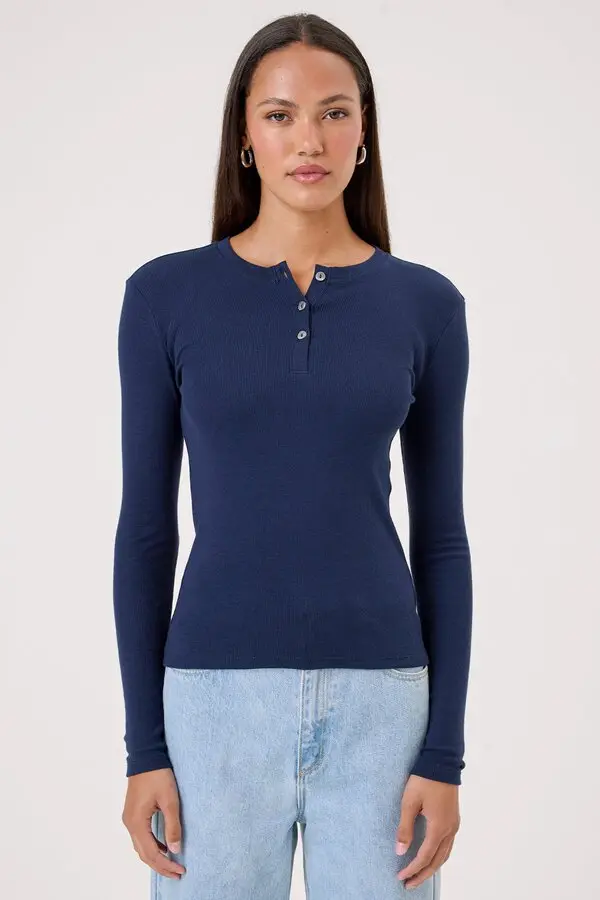Goldie LeWinter Ribbed Henley With Button Placket - Navy