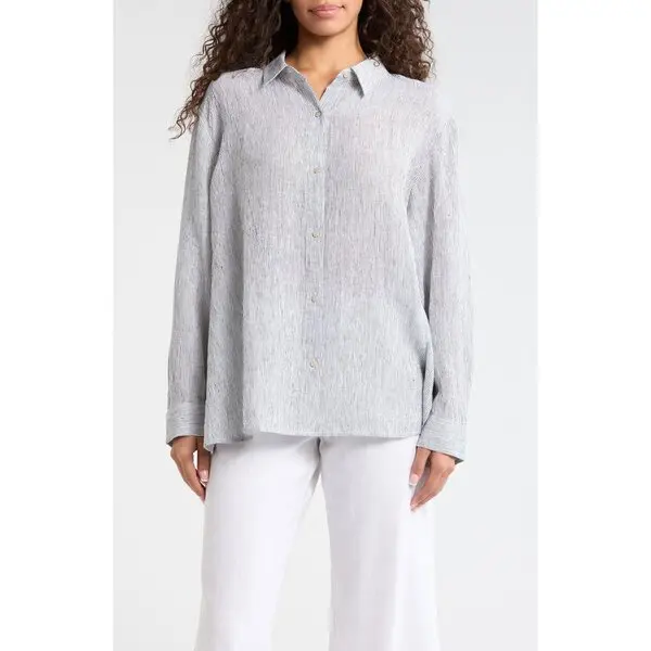 Eileen Fisher Classic Stripe Linen Button-up Shirt