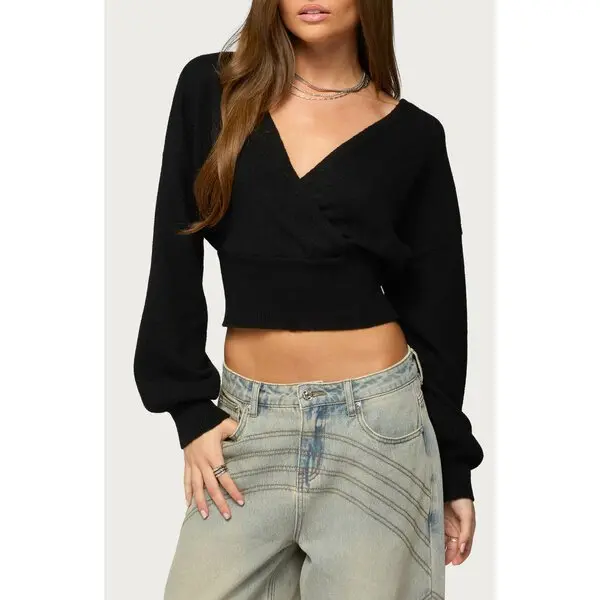 EDIKTED Lillia V-neck Wrap Knit Sweater - Black
