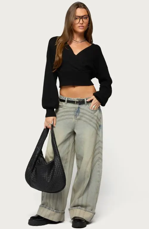 EDIKTED Lillia V-neck Wrap Knit Sweater - Black